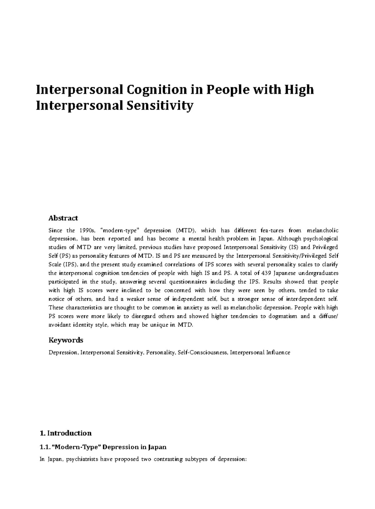 Interpersonal Cognition in People with High Interpersonal Sensitivity ...