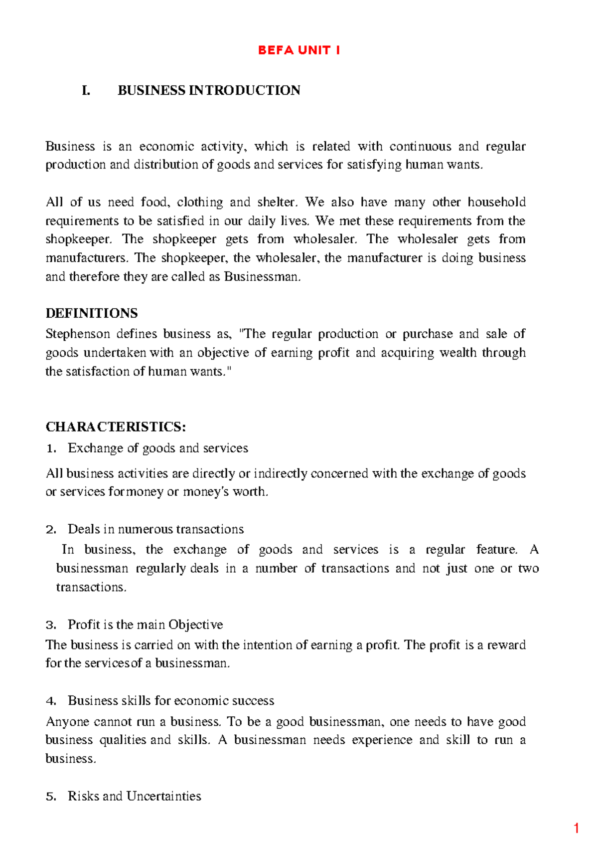 BEFA UNIT I - nothing to be discussed - I. BUSINESS INTRODUCTION ...