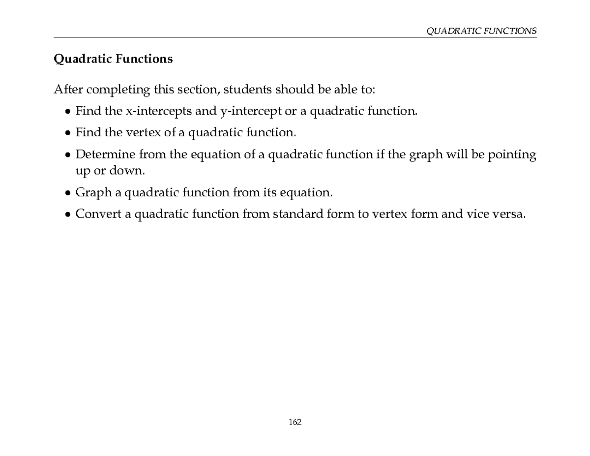 Quadratic Functions - Quadratic Functions After completing this section ...
