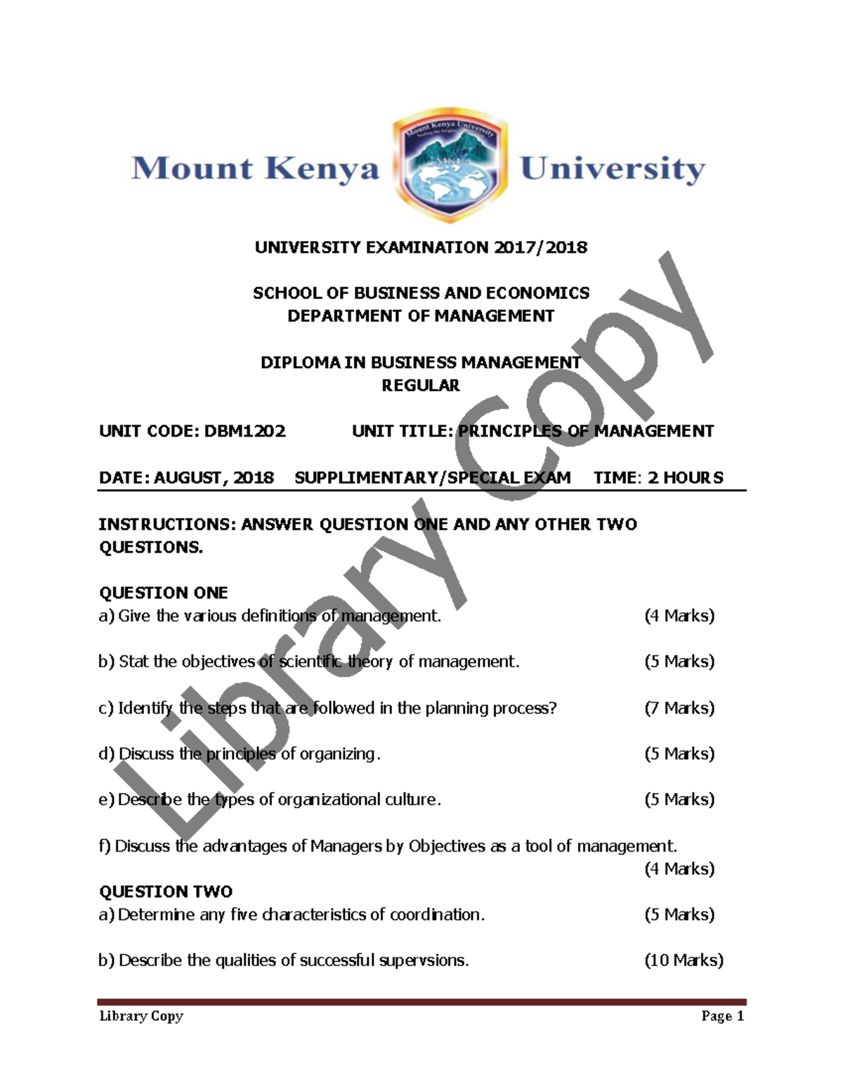 Dbm1202 Principles Of Management Reg Supp Library Copy Page 1 University Examination 2017