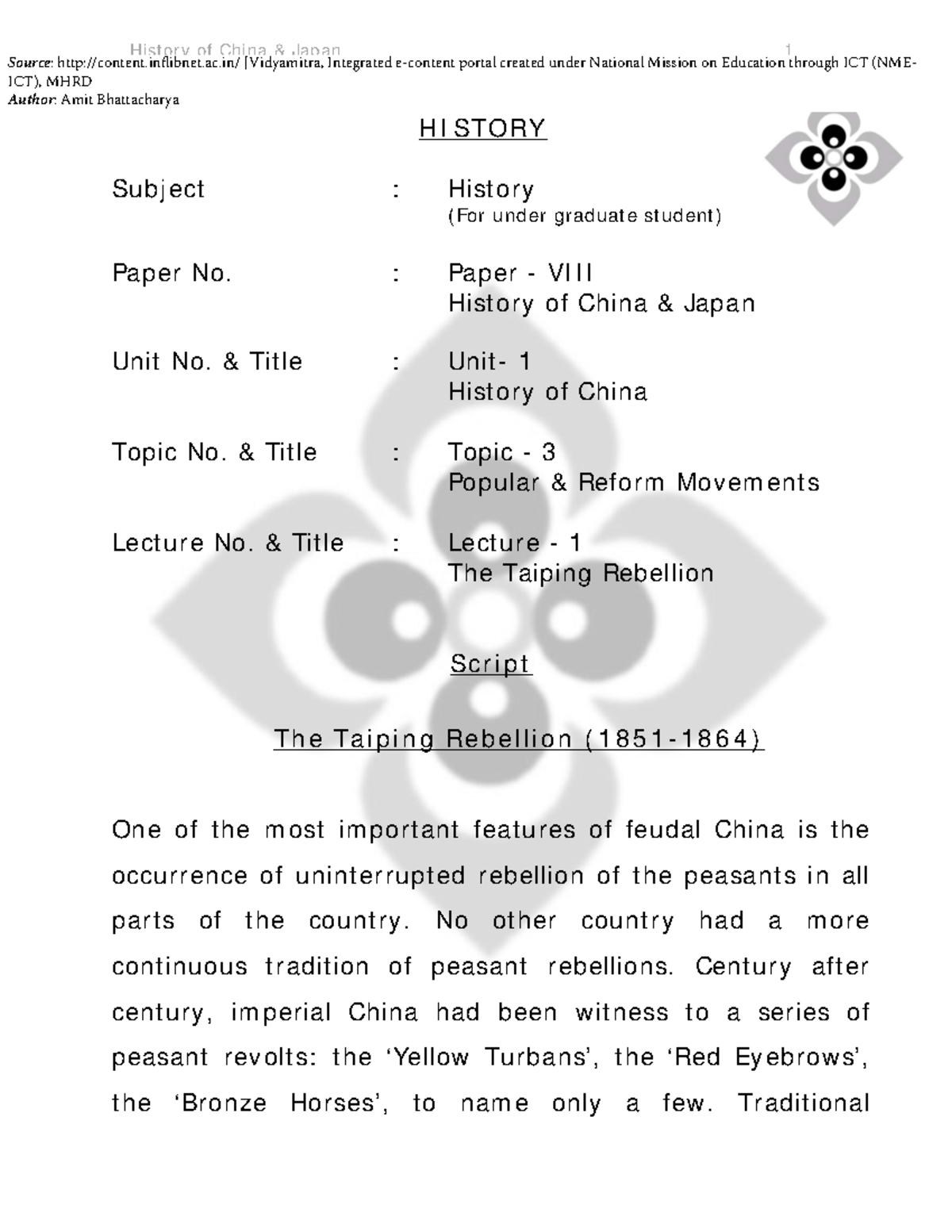 A. Bhattacharya The Taiping Rebellion I - H I STORY Subj ect : Hist ory ...