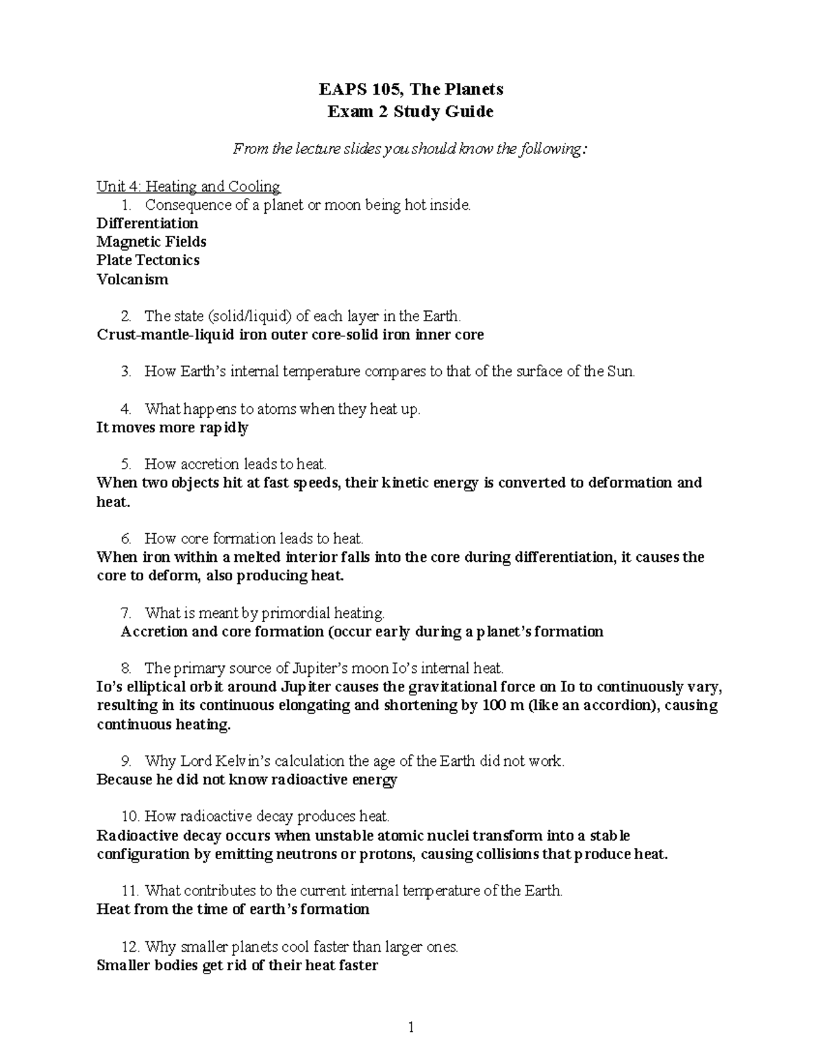 Exam 2 Study Guide - EAPS 105, The Planets Exam 2 Study Guide From the ...