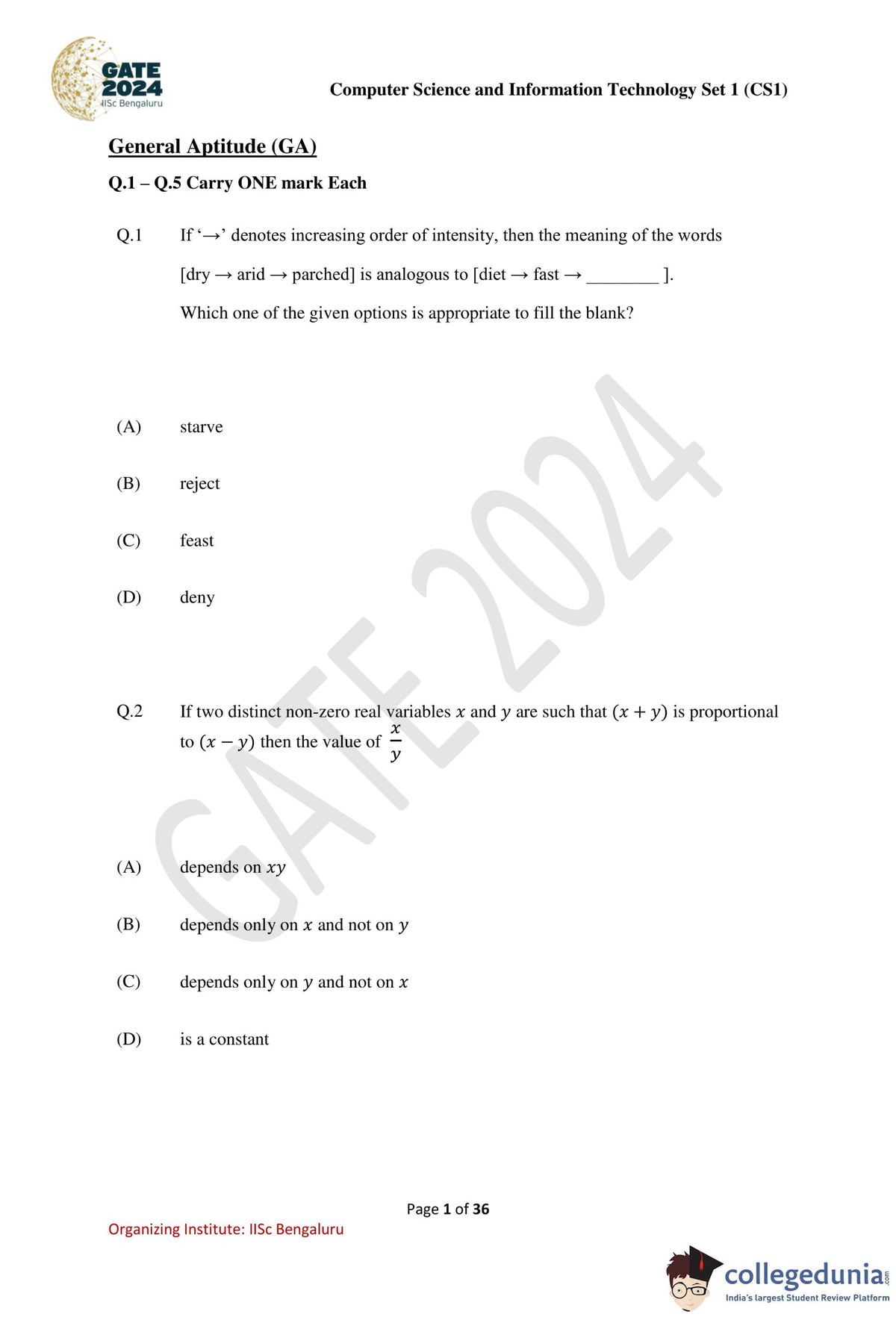 GATE CSE QUESTION PAPER 2024 - Introduction to Computer Science & Engineering - Studocu