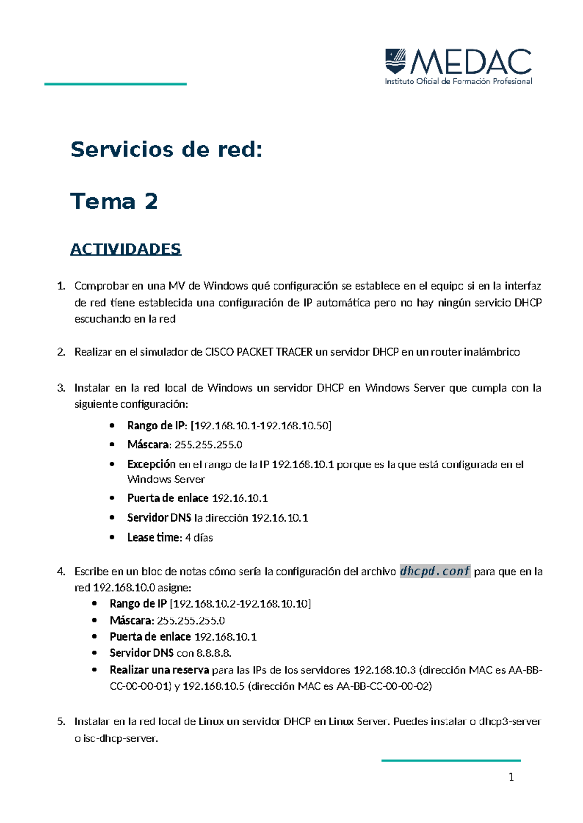 Ejericios asignación automática de redes (DHCP) - 1 Servicios de red: Tema 2 ACTIVIDADES ...