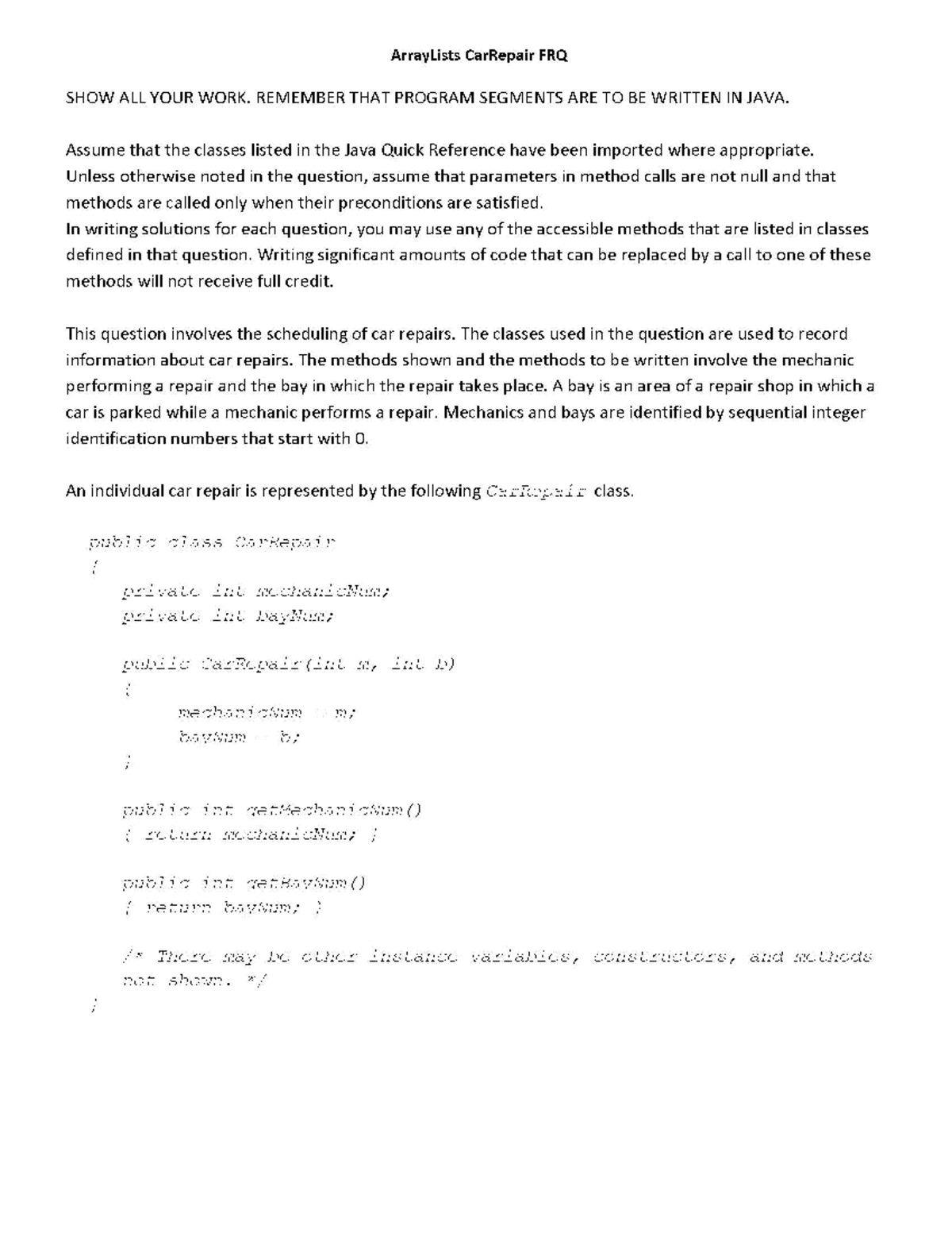 Array Lists Car Repair FRQ - Studocu