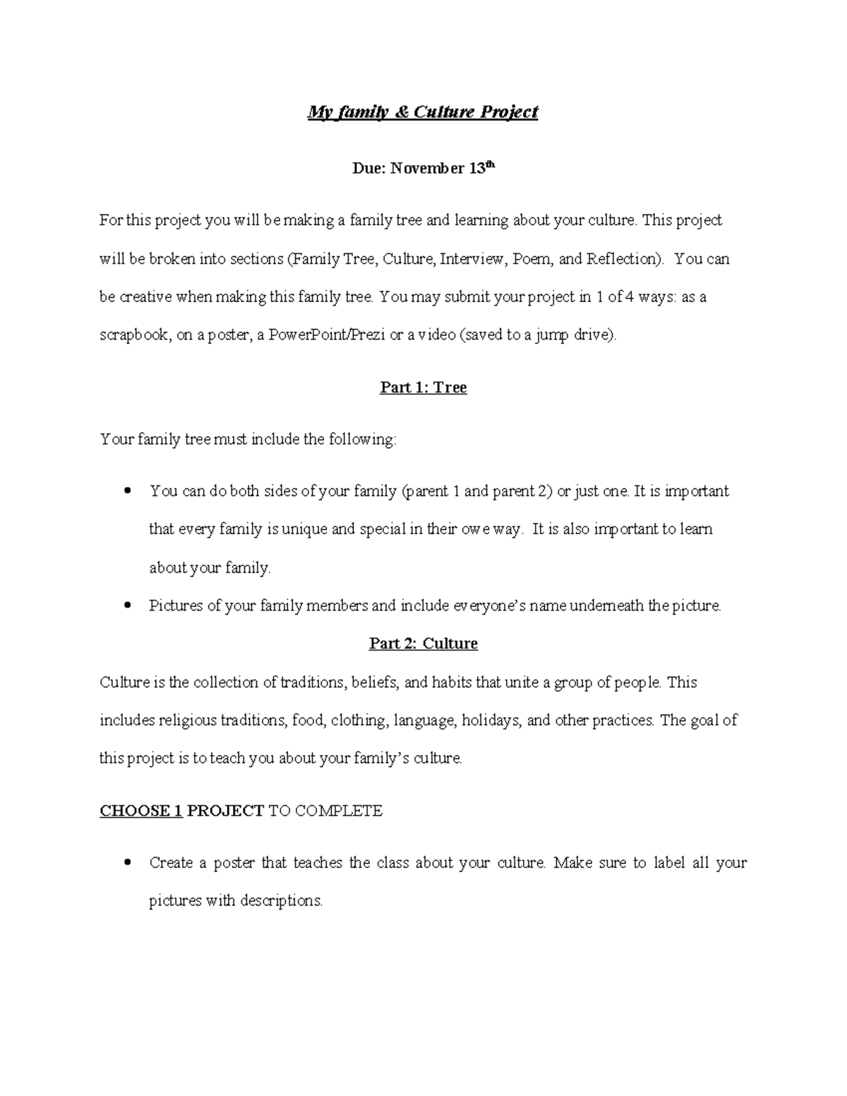 My family Culture Project - My family & Culture Project Due: November ...