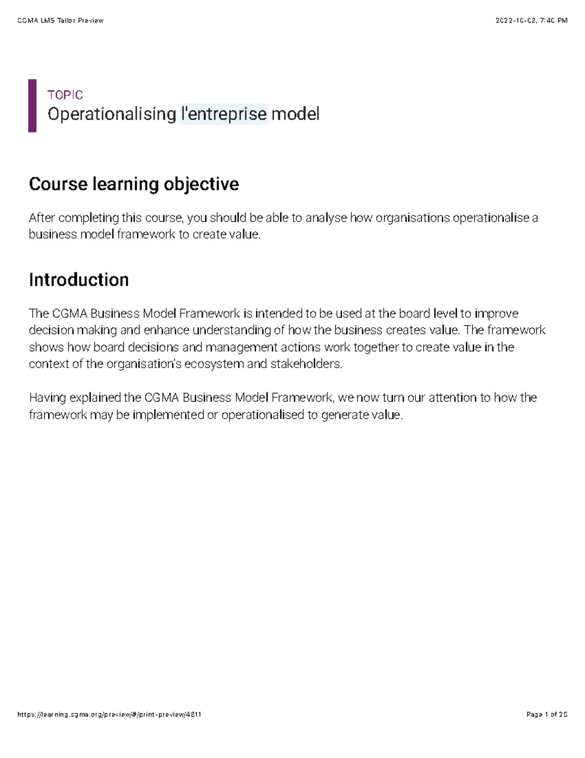 CGMA LMS - Operationalising Business Model - TOPIC Operationalising l'entreprisemodel Course ...