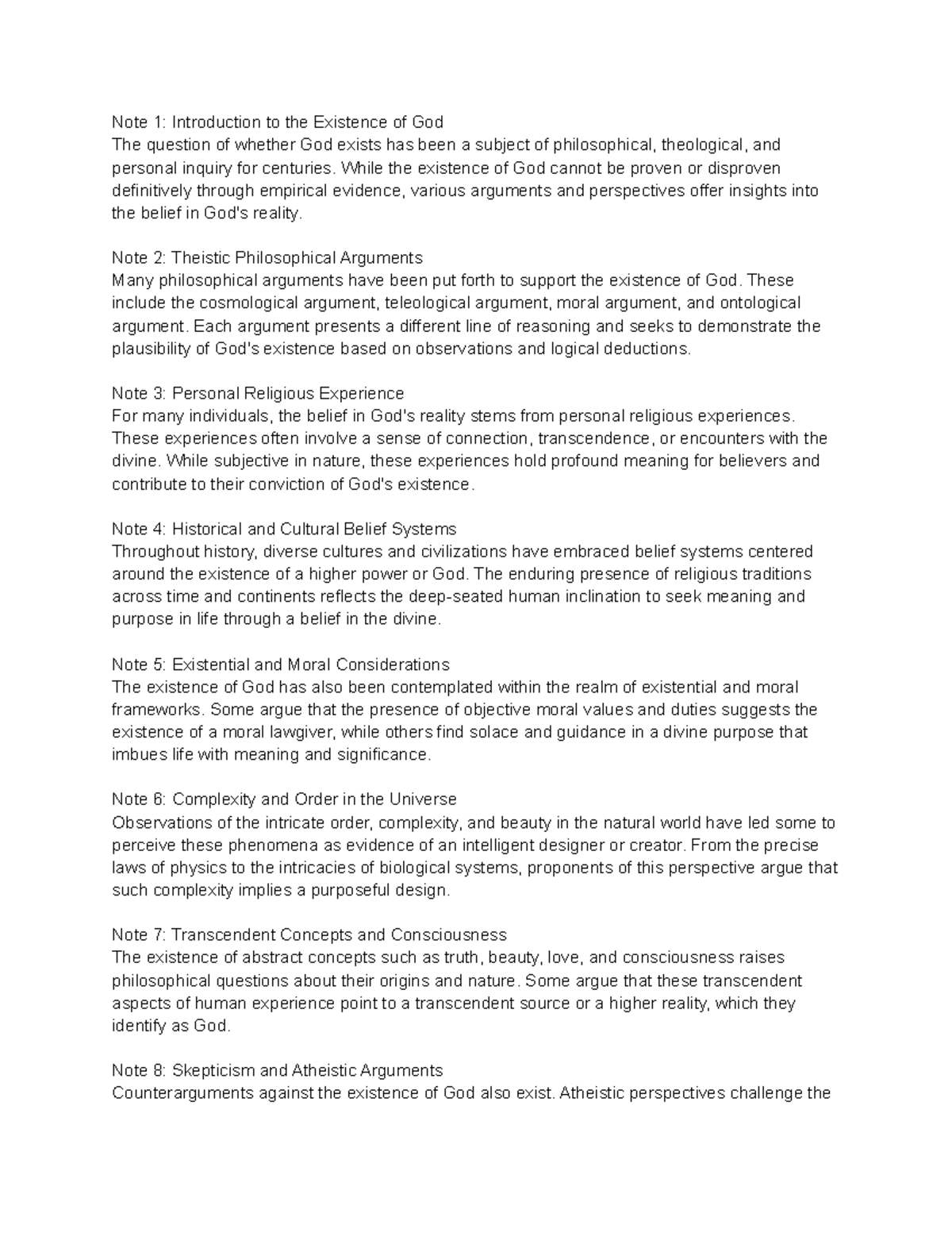 Note 1 Introduction to the Existence of God - While the existence of ...