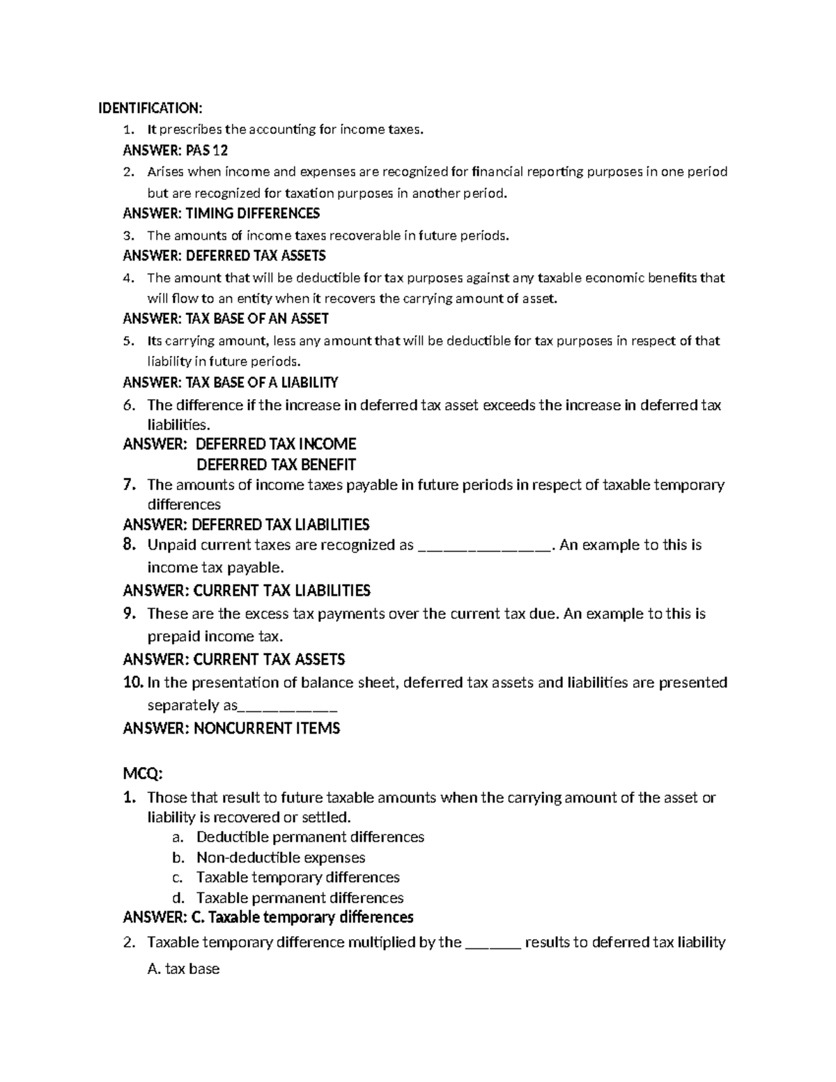 PAS 12 questionnaire - IDENTIFICATION: 1. It prescribes the accounting ...