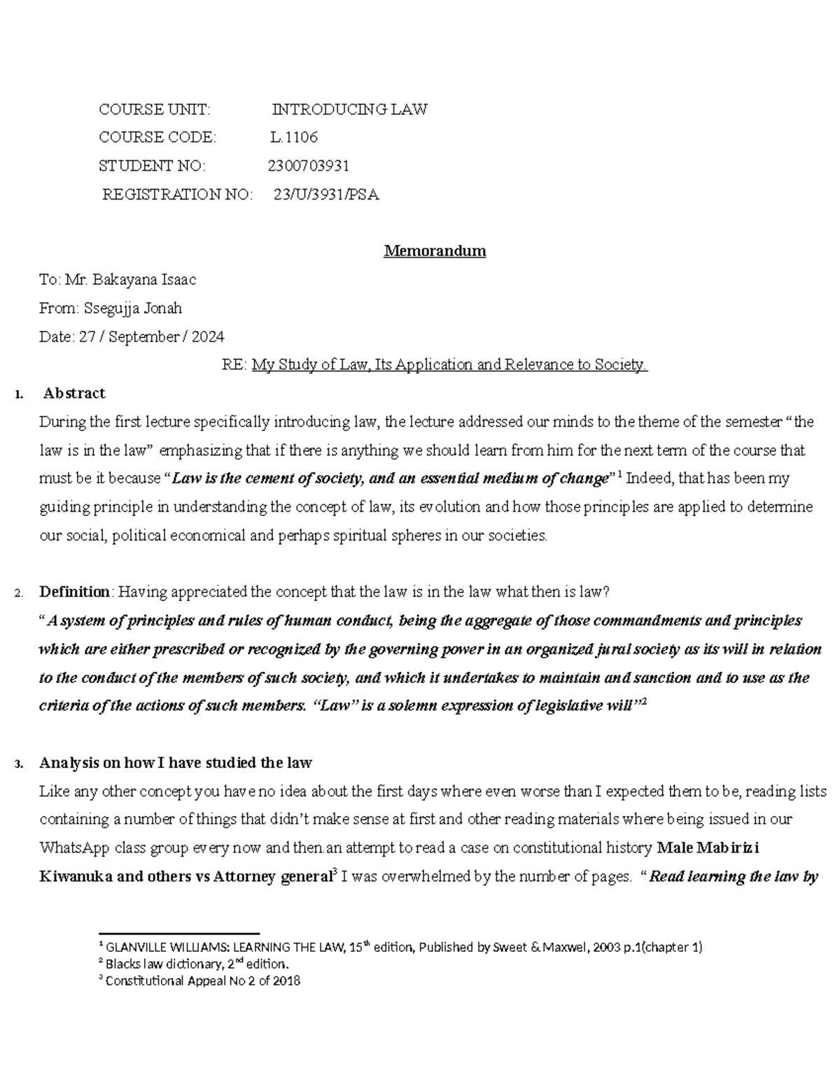 Memorandum - design of a memoradum - COURSE UNIT: INTRODUCING LAW ...