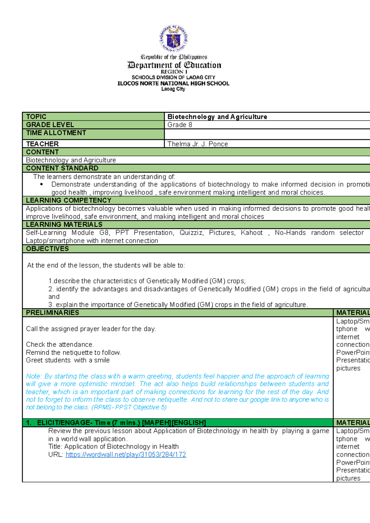 Lesson plan gmo demo - TOPIC Biotechnology and Agriculture GRADE LEVEL ...