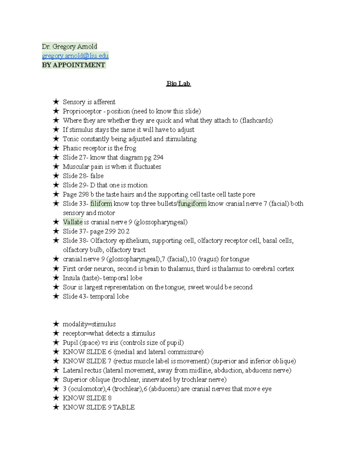 Bio 8 Lab Notes - Dr. Gregory Arnold gregory@liu BY APPOINTMENT Bio Lab ...