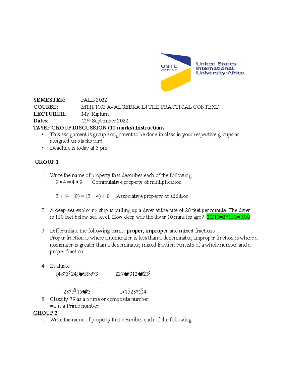 MTH 1105 FALL Group WORK 1 - SEMESTER: FALL 2022 COURSE: MTH 1105 A- ALGEBRA IN THE PRACTICAL ...