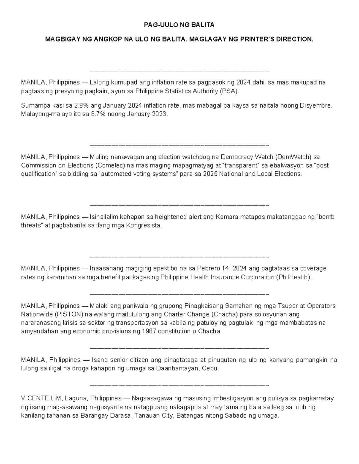 Pag-uulo Feb 06 - Copyreading exercises. - PAG-UULO NG BALITA MAGBIGAY ...