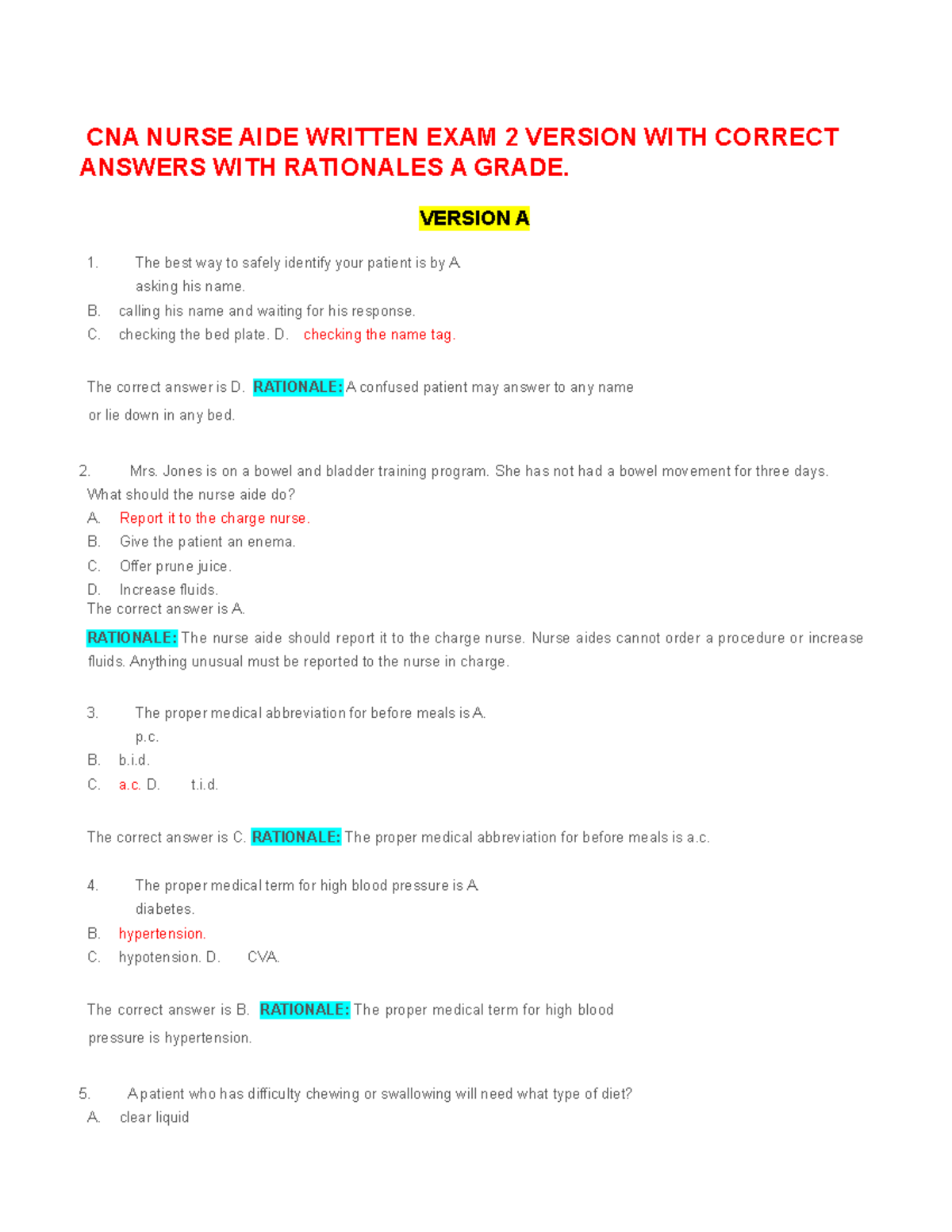 CNA2 Latest Versions - CNA NURSE AIDE WRITTEN EXAM 2 VERSION WITH ...