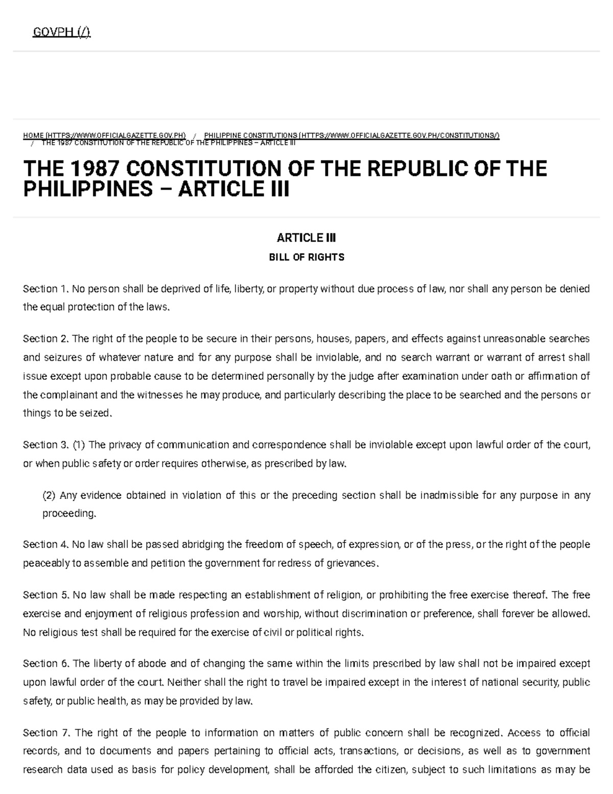 THE 1987 Constitution OF THE Republic OF THE Philippines – Article III ...
