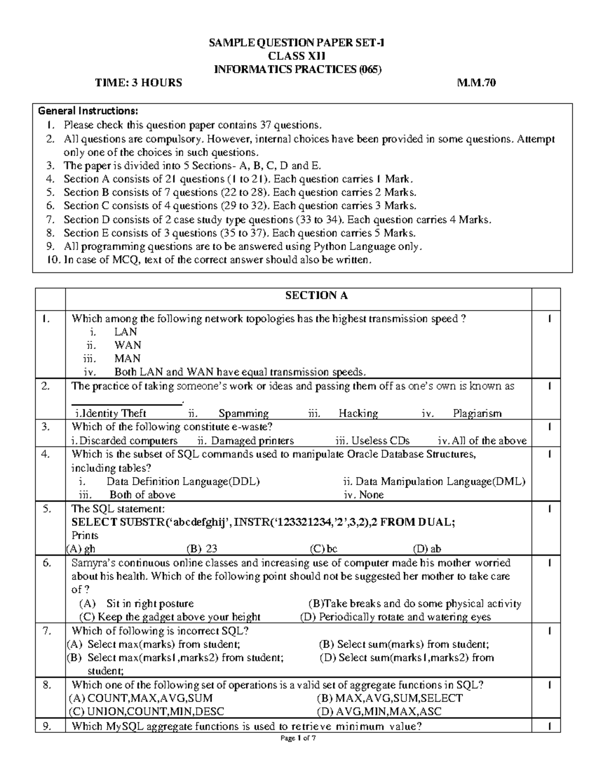 Sample Question Paper SET-1 - SAMPLE QUESTION PAPER SET- 1 CLASS XII INFORMATICS PRACTICES (065 ...