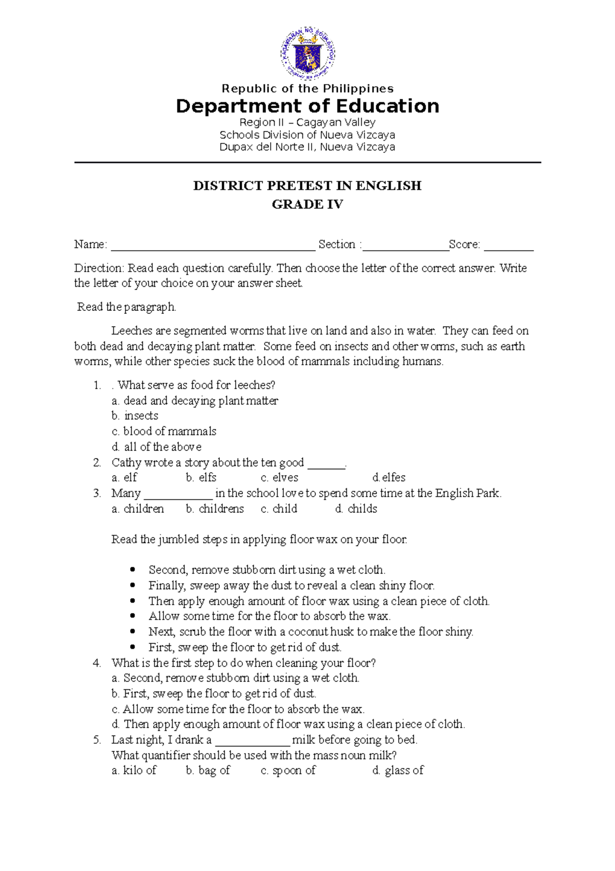 District Pretest in English 4 - Department of Education Region II ...