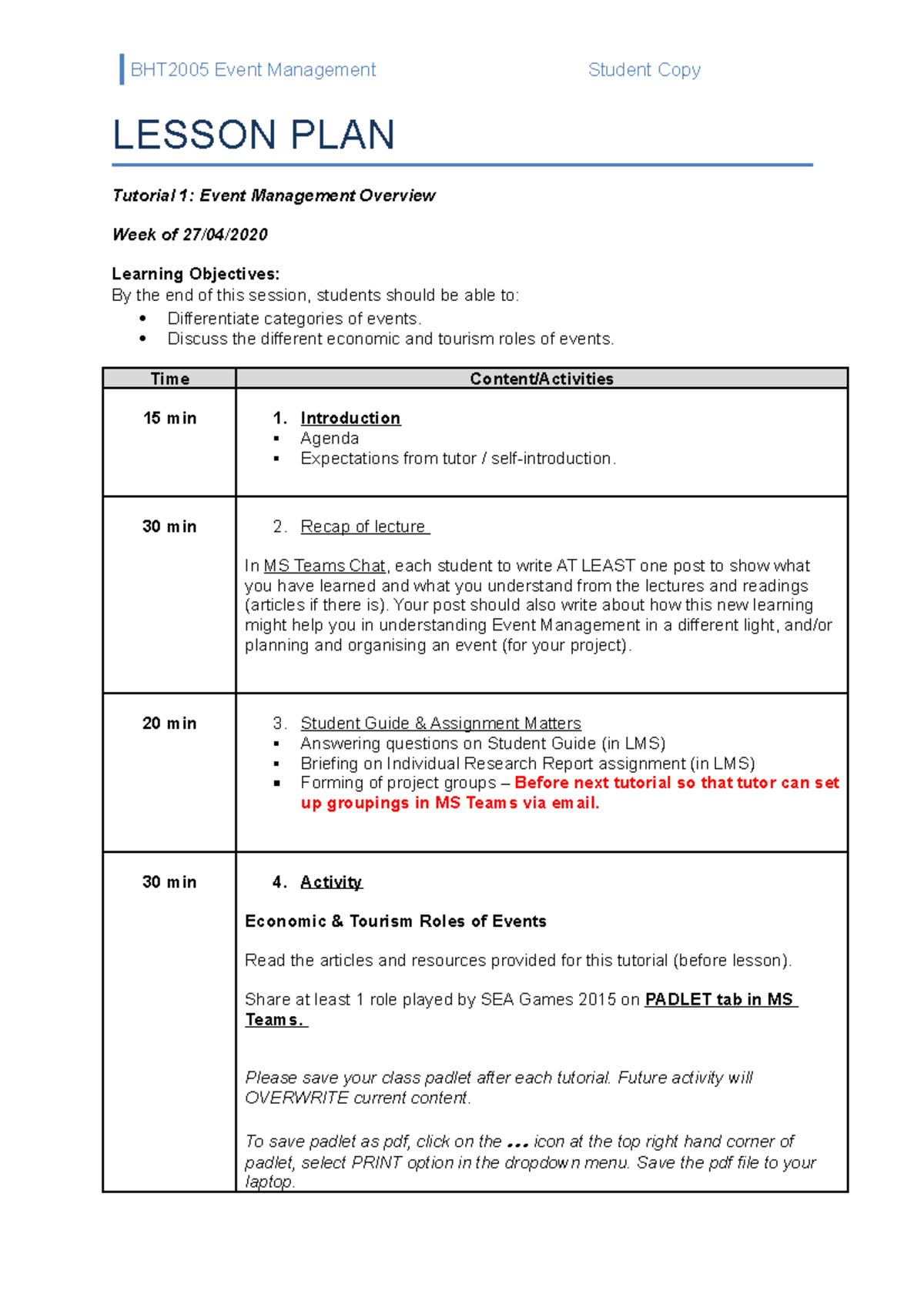 Tutorial 1 - Student notes - BHT2005 Event Management Student Copy ...