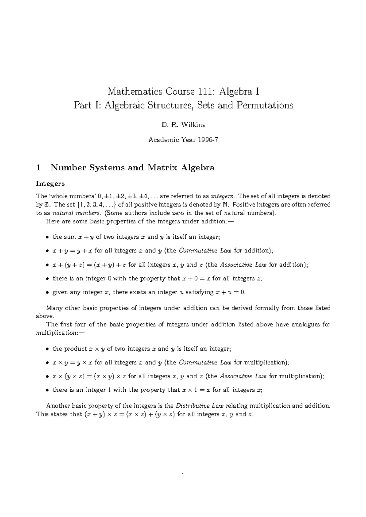 Ath1 - Mathématiques3 - Mathematics Course 111: Algebra I Part I: Algebraic Structures, Sets and ...