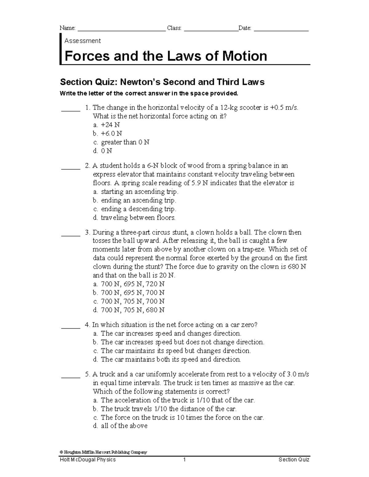 Forces and Newtons Laws - Name: _____________________________ Class ...