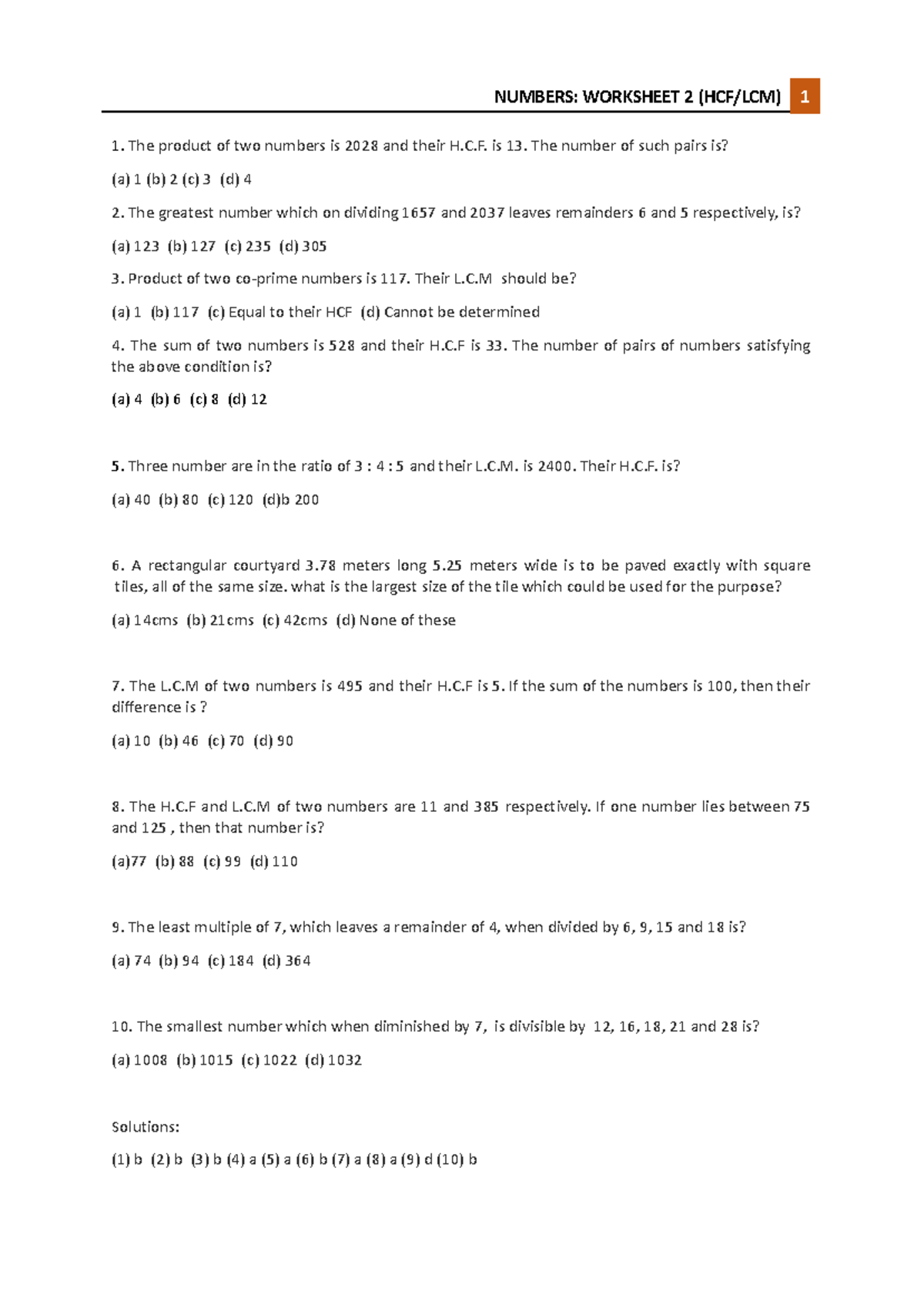 Hcf - practice it - NUMBERS: WORKSHEET 2 (HCF/LCM) 1 1. The product of ...