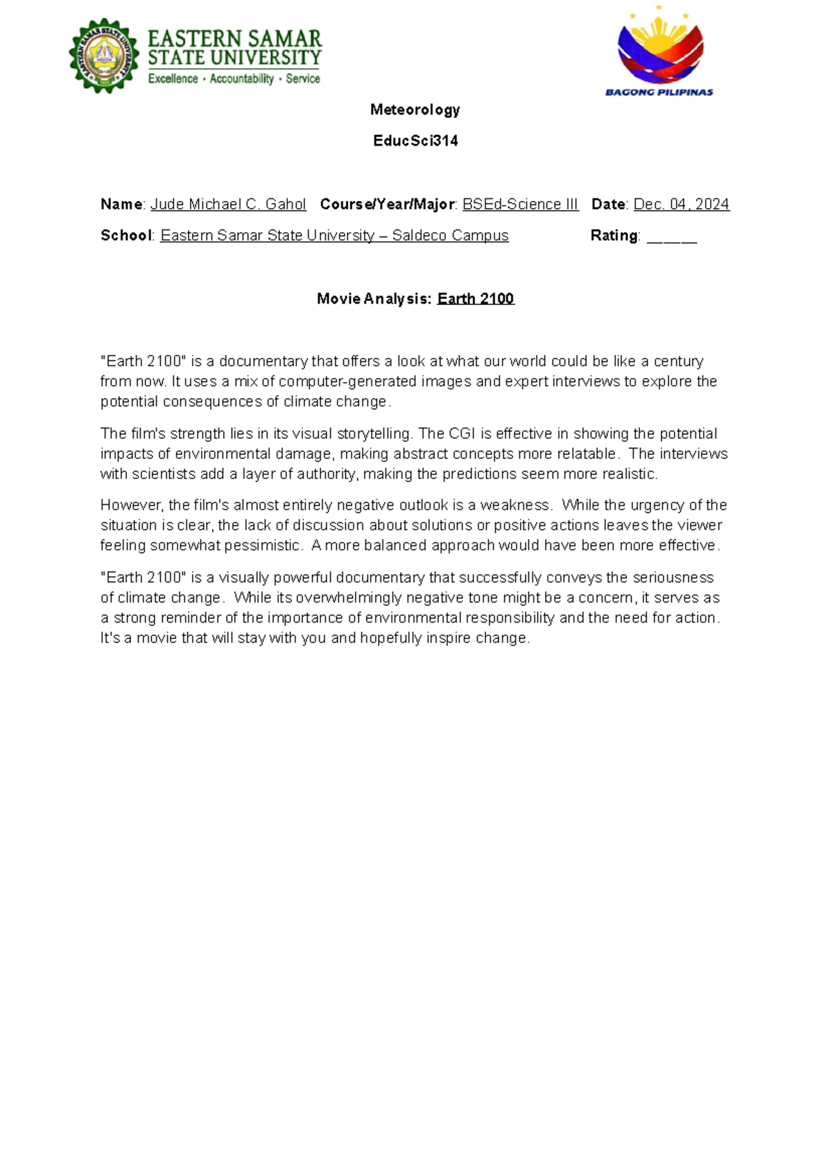 Earth 2100 - Meteorology EducSci Name: Jude Michael C. Gahol Course ...
