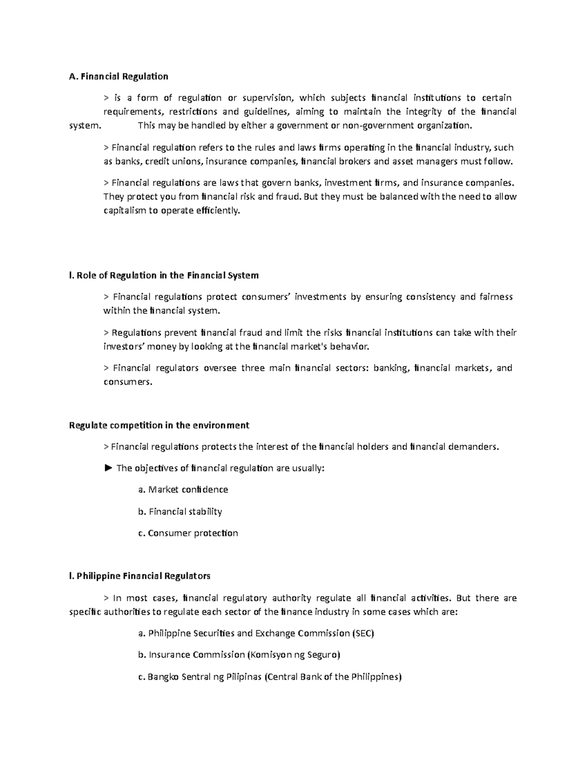 Financial Markets Notes - A. Financial Regulaion > is a form of ...