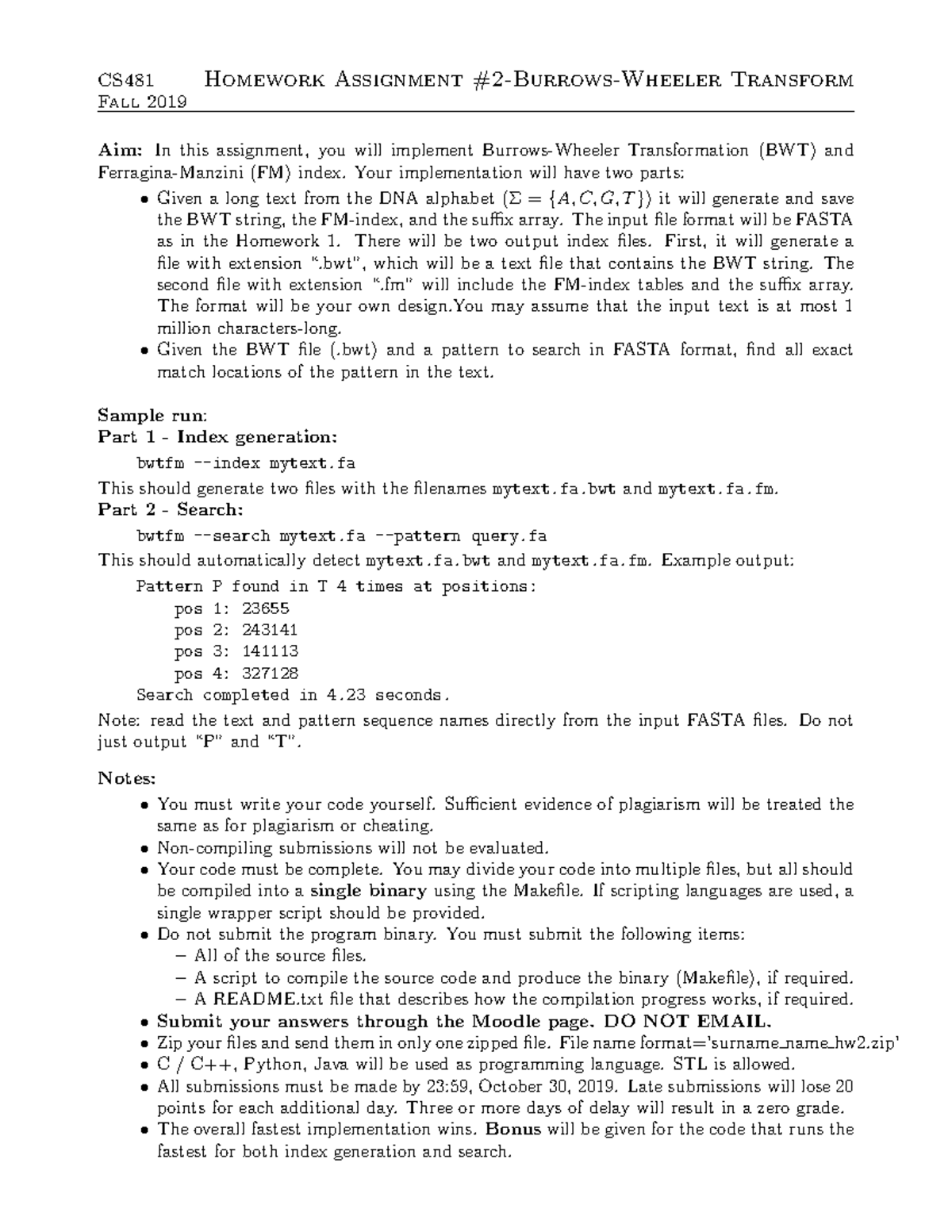 Bioinformatics Algorithms I Homework 2 Cs481 Homework Assignment 2 Burrows Wheeler Transform