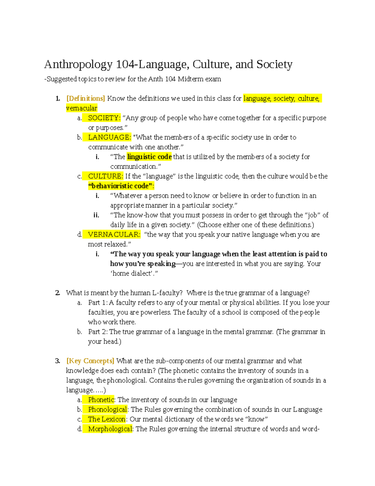 2020-Anthropology 104 Midterm Review week11 - Anthropology 104-Language ...