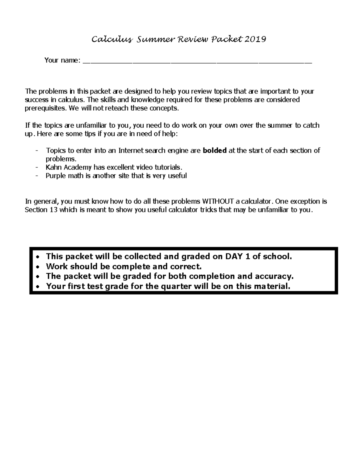 AB Calc Summer packet - Calculus Summer Review Packet 2019 Your name ...