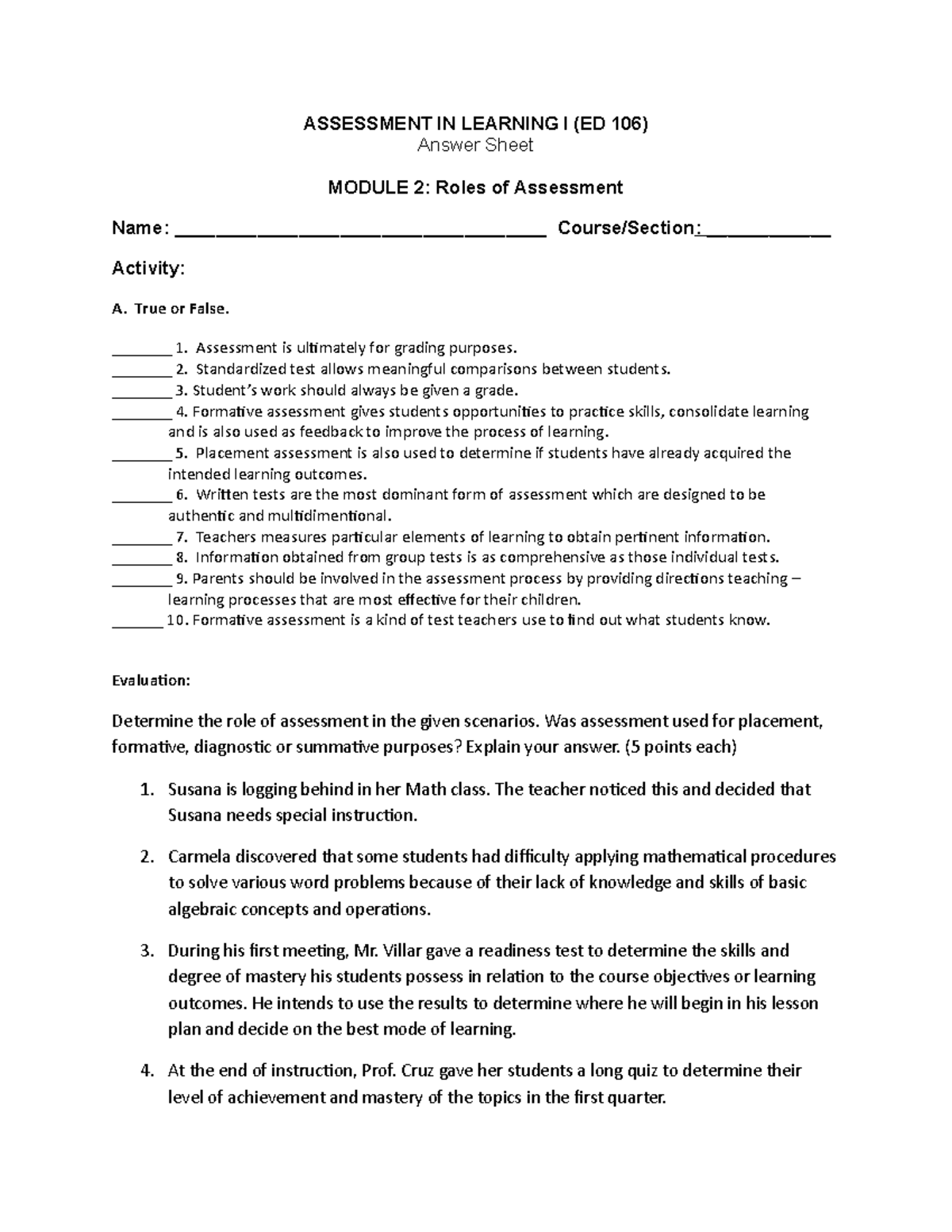 Activity 2 - ASSESSMENT IN LEARNING I (ED 106) Answer Sheet MODULE 2 ...