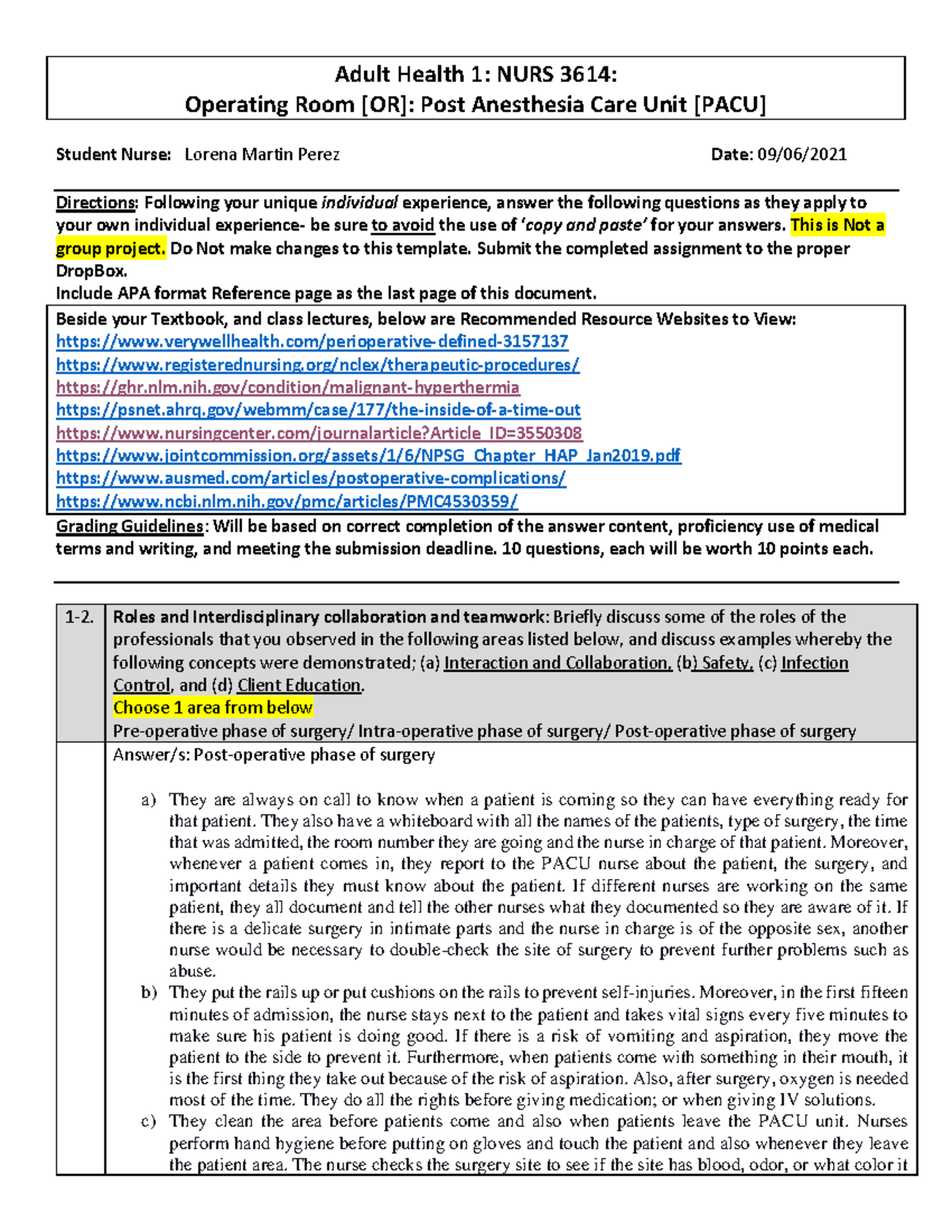 PACU form 2 - This document is done after going to the PACU unit. It ...