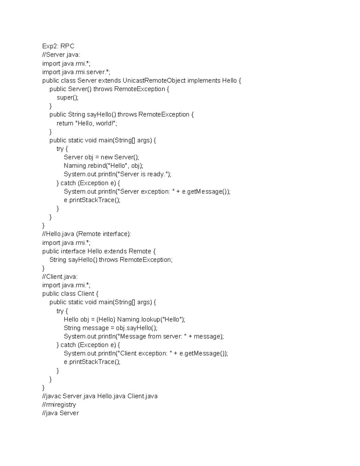 DC Pracs - Computer Eng - Exp2: RPC Server: import java.; import java.rmi.; public class Server ...