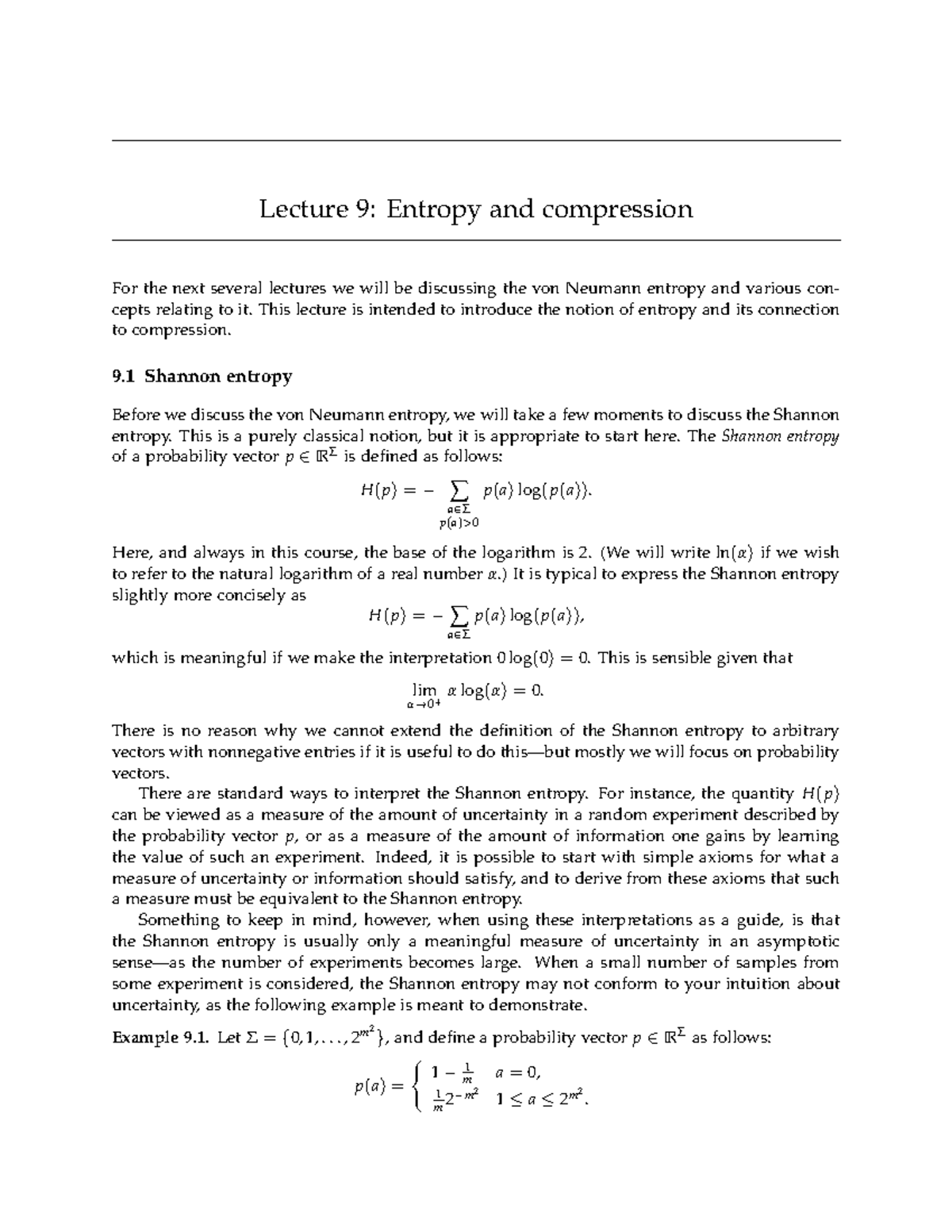 Lecture 9: Entropy and compression - CS 820 Theory of Quantum Information (Fall 2011) Lecture 9 ...
