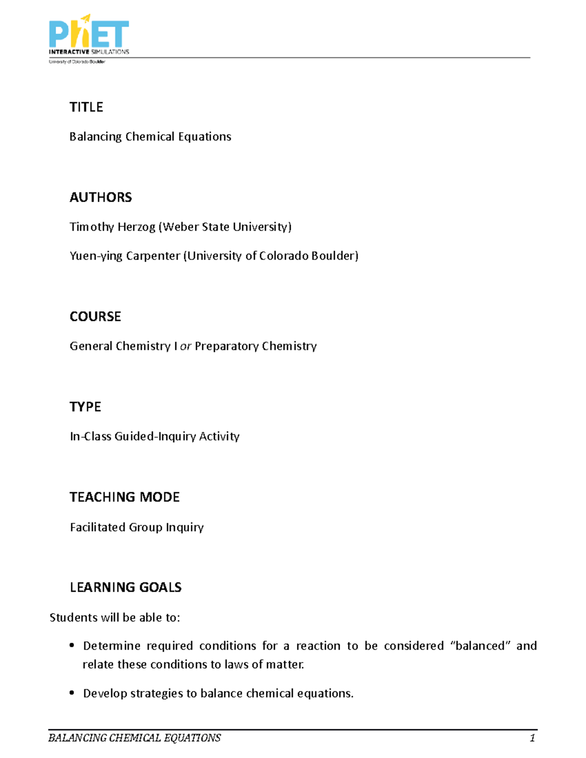 Balancing Chemical Equations Guided Inquiry Annotated - TITLE Balancing ...