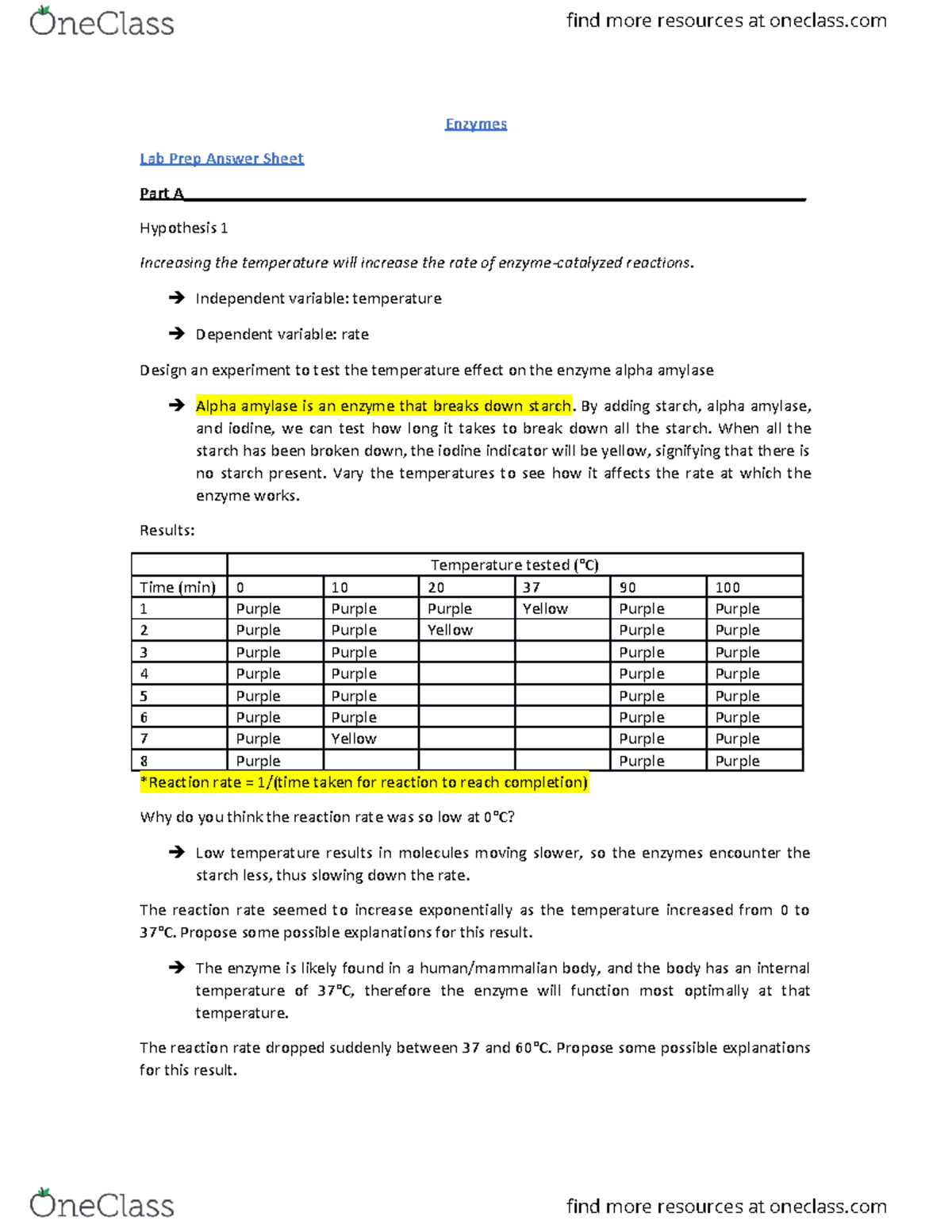 BISC 101 lab 4; enzymes - Enzymes Lab Prep Answer Sheet Part A - Studocu