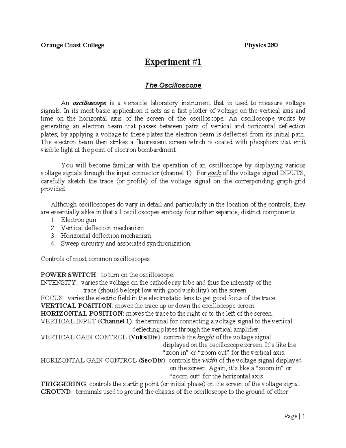 Lab 1 - The Oscilloscope - Orange Coast College Physics 280 Experiment ...
