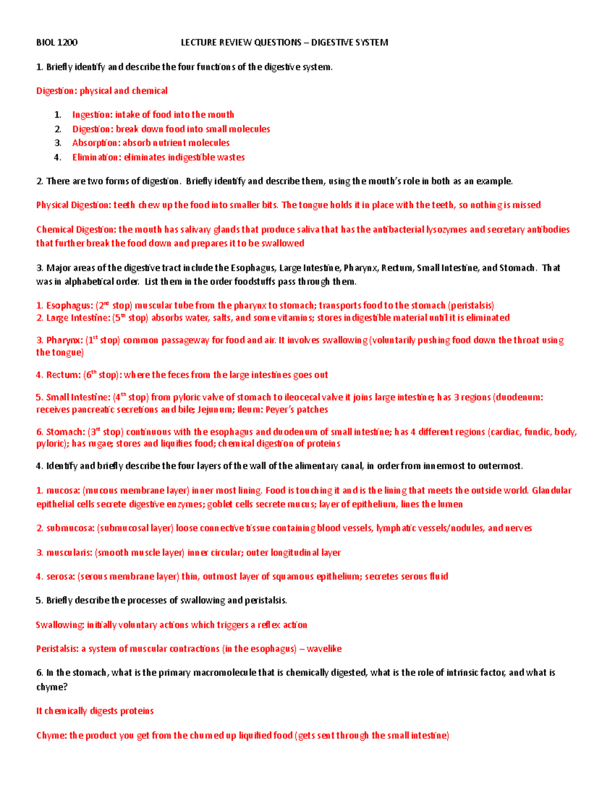 1200 Review Questions - Digestive - BIOL 1200 LECTURE REVIEW QUESTIONS ...