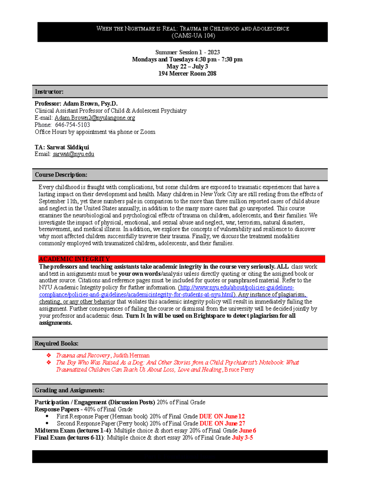 Summer Session 1 Syllabus - Summer 2023 - WHEN THE NIGHTMARE IS REAL ...