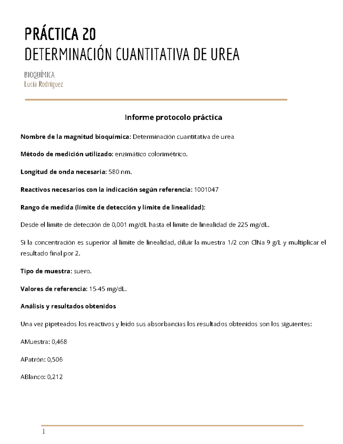 P20 bioq determinacion de urea - PRÁCTICA 20 DETERMINACIÓN CUANTITATIVA ...