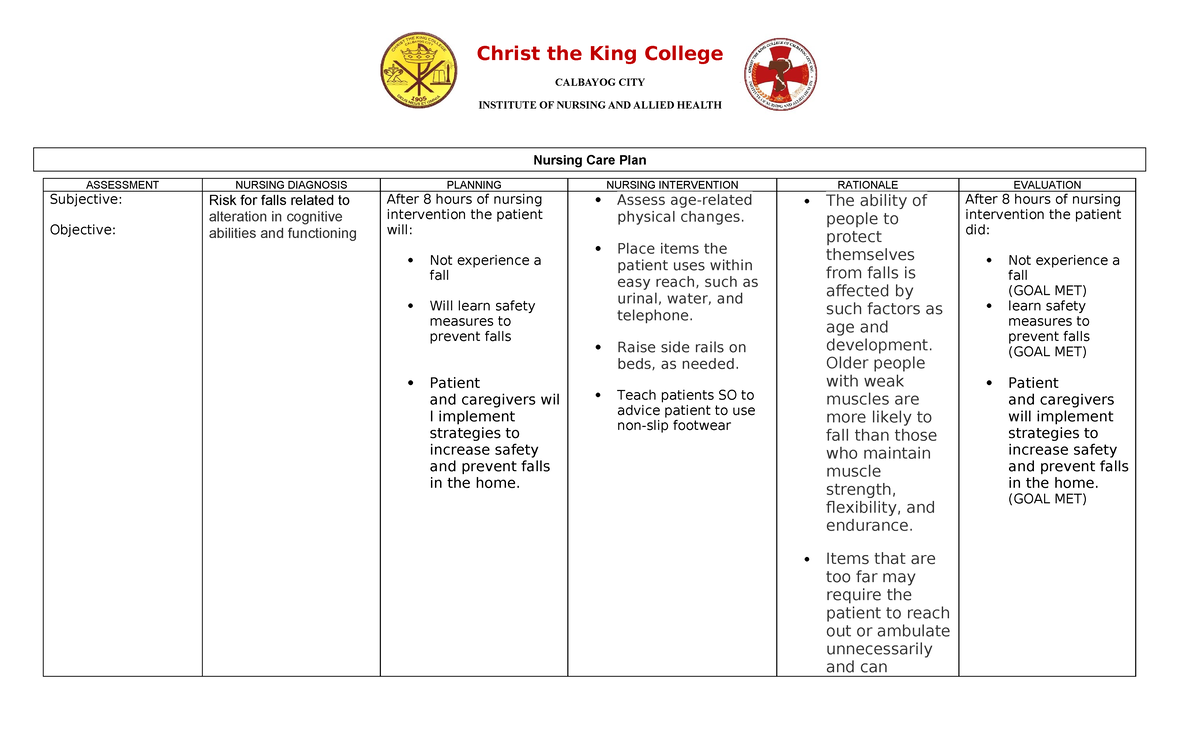 Risk for fall - Practice NCP for new students - Christ the King College ...