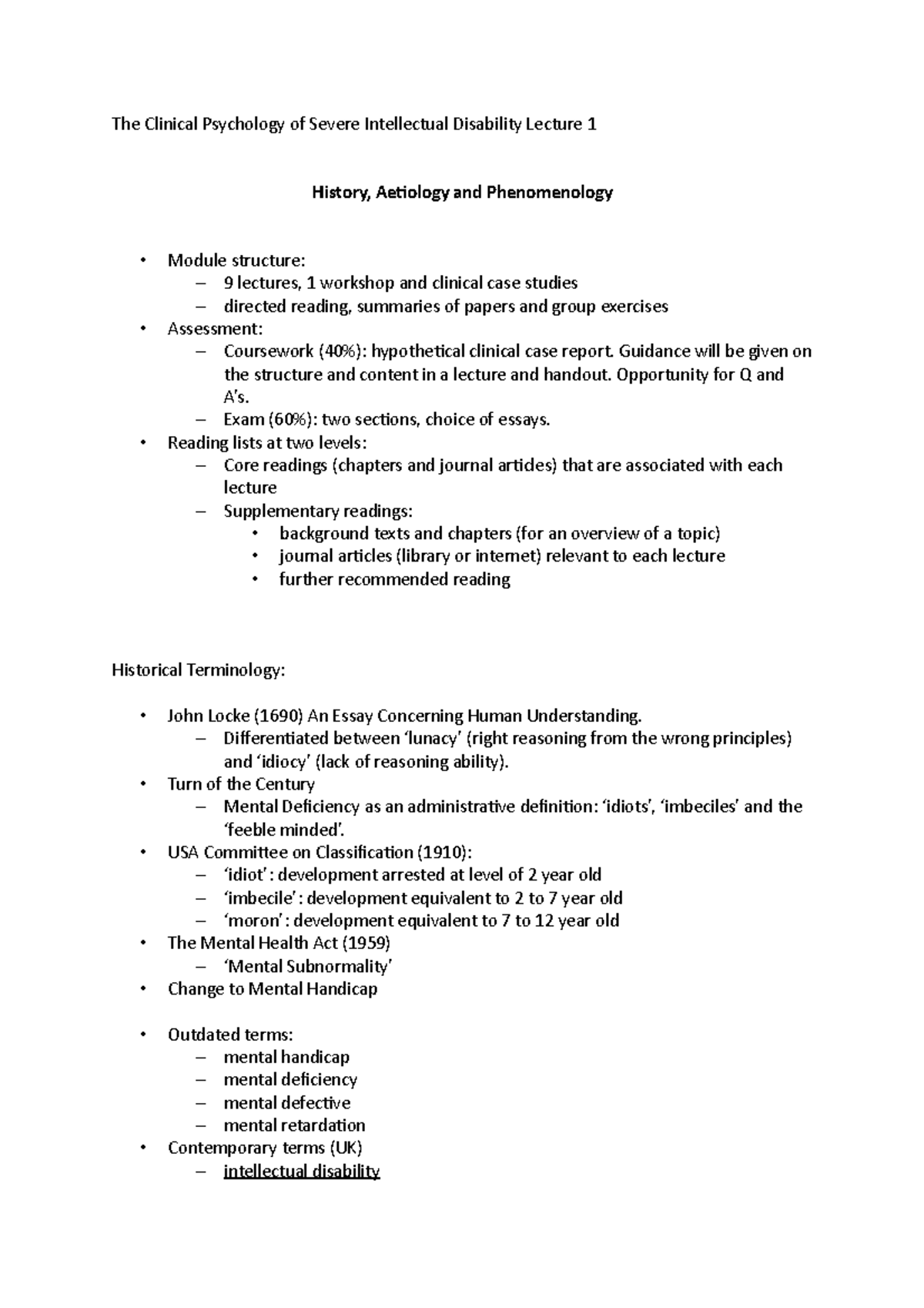 Psychology - Intellectual Disability - Lecture 1 - The Clinical ...