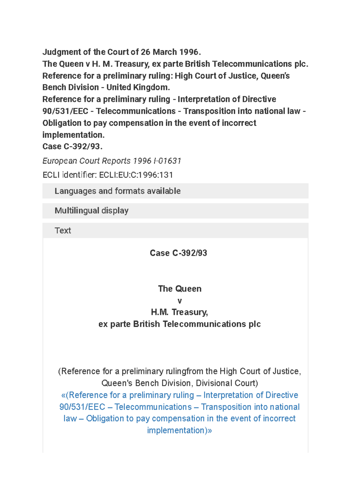 British communications - Judgment of the Court of 26 March 1996. The ...