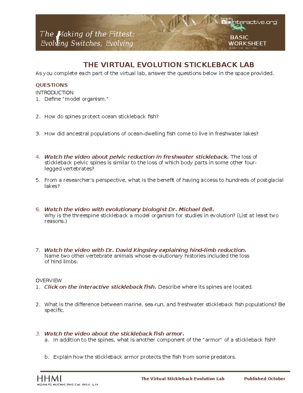 Stickleback Lab Student - Evolving Switches, Evolving Bodies BASIC WORKSHEET STUDENT THE VIRTUAL ...