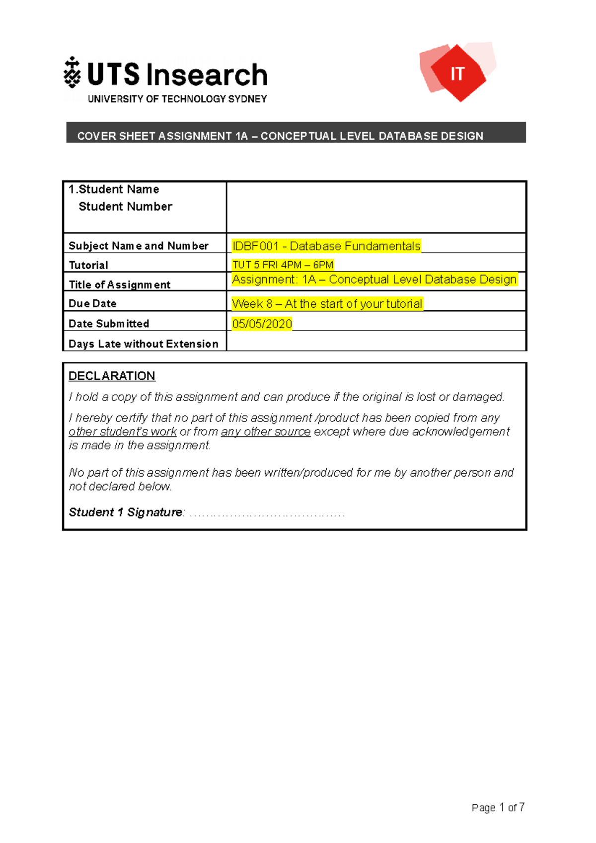 Assignment 1A - Answer Sheet - COVER SHEET ASSIGNMENT 1A – CONCEPTUAL LEVEL DATABASE DESIGN 1 ...