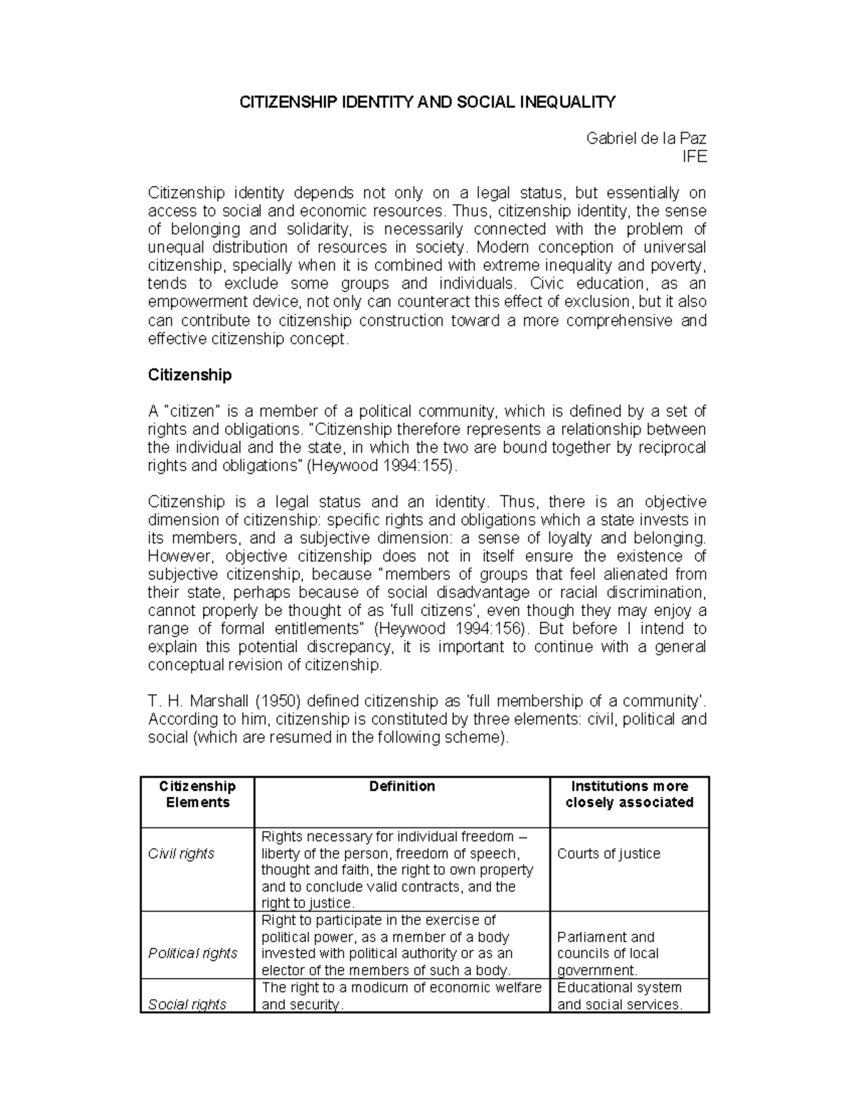 Citizenship - CITIZENSHIP IDENTITY AND SOCIAL INEQUALITY Gabriel de la ...
