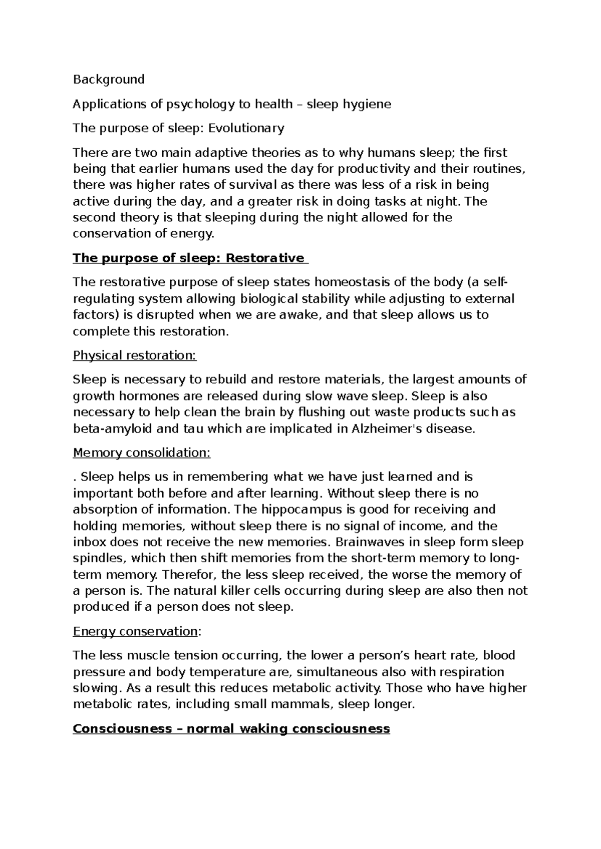 Sleep - Notes for psych - Background Applications of psychology to ...
