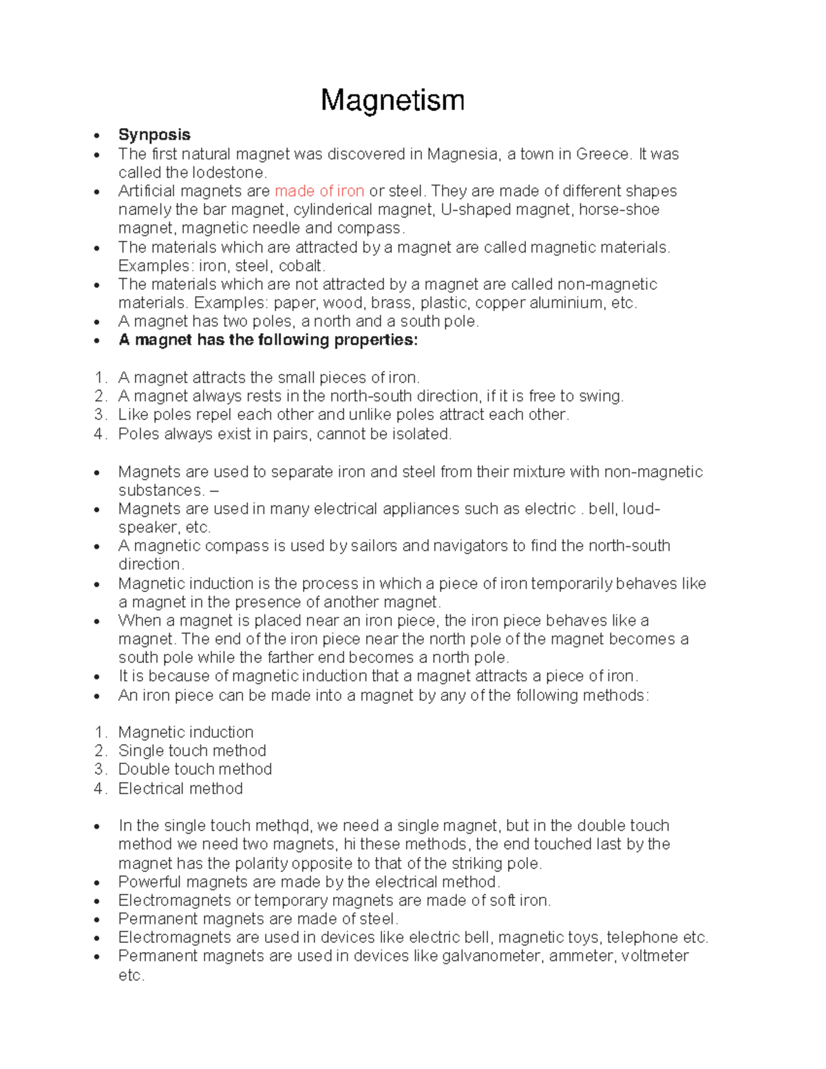 Magnetism - notes - ncertbooksolutions Synposis The first natural ...