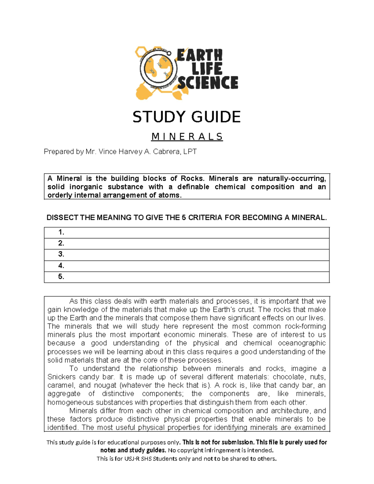 ELS SG Minerals - STUDY GUIDE M I N E R A L S Prepared by Mr. Vince ...